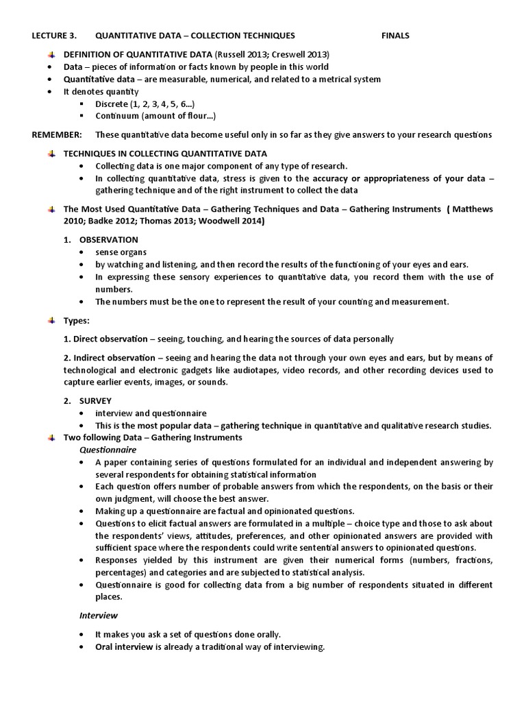 Lecture 3 Finals Quantitative Data Collection Techniques | PDF ...