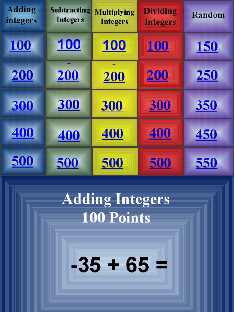 Integers 2 Jeopardy | PDF | Integer | Decimal