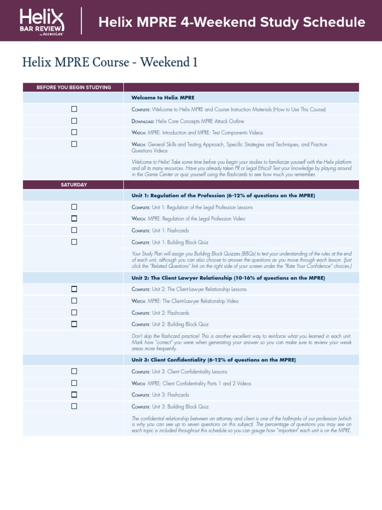 Helix MPRE 4 Weekend Study Schedule | PDF | Lawyer | Cognition