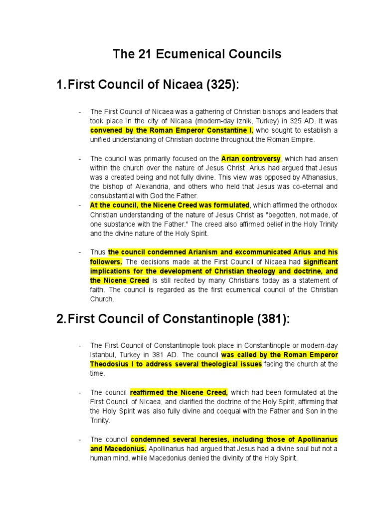 Overview of 21 Ecumenical Councils | PDF | Catholic Church | Arianism