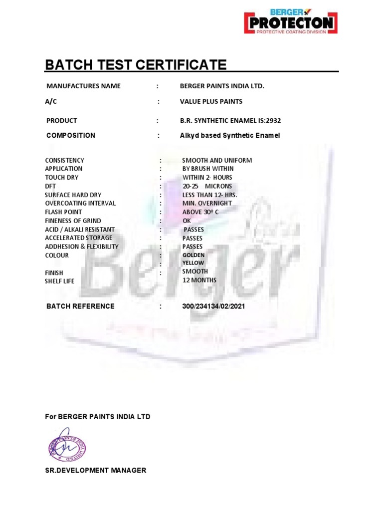 Golden Yellow TEST CERTIFICATE | PDF