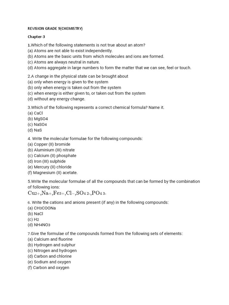 REVISION GRADE 9 Chemistry CH 3,4 | PDF | Atoms | Proton