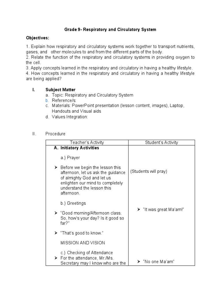 A Detailed Lesson Plan in SCIENCE UPDATED 1 | PDF | Heart | Respiratory ...