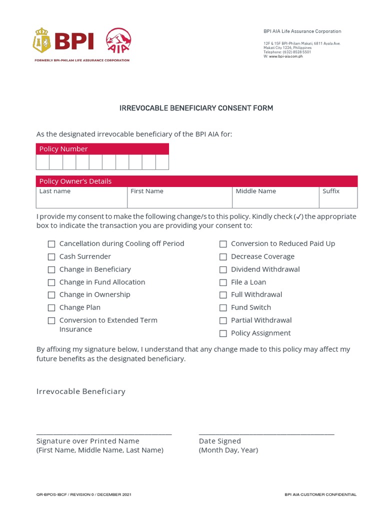 Irrevocable Beneficiary Consent Form Bpi Aia | PDF | Business | Finance & Money Management