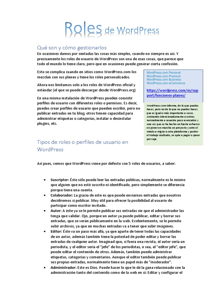 Roles de WordPress | PDF | Word Press | Enchufe (informática)