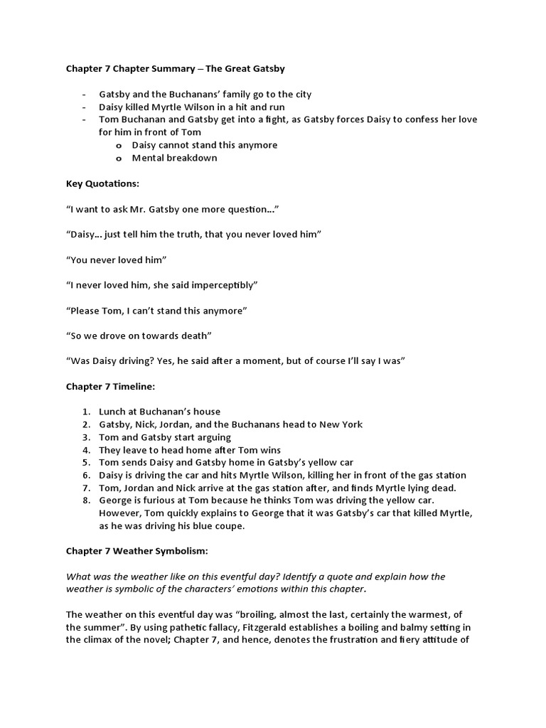 Chapter 7 Chapter Summary - The Great Gatsby | PDF
