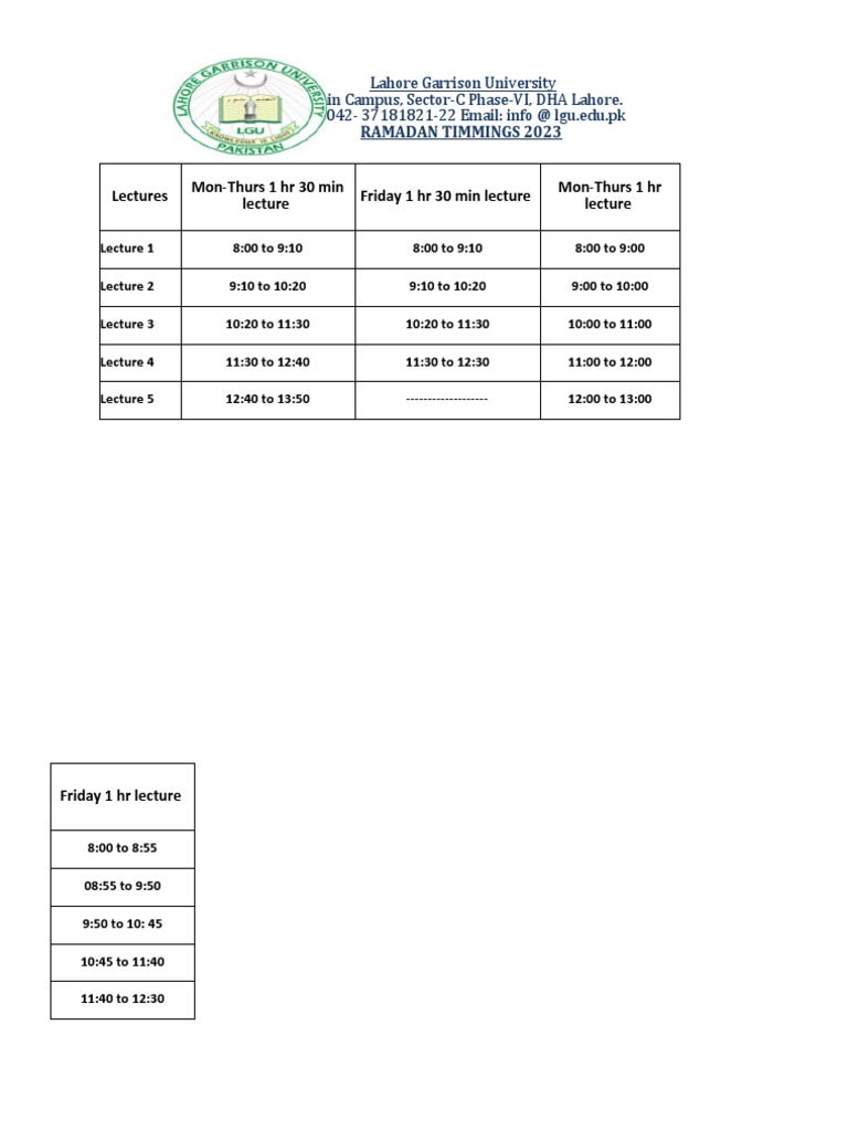 LGU Ramadan Timetable 2023 | PDF