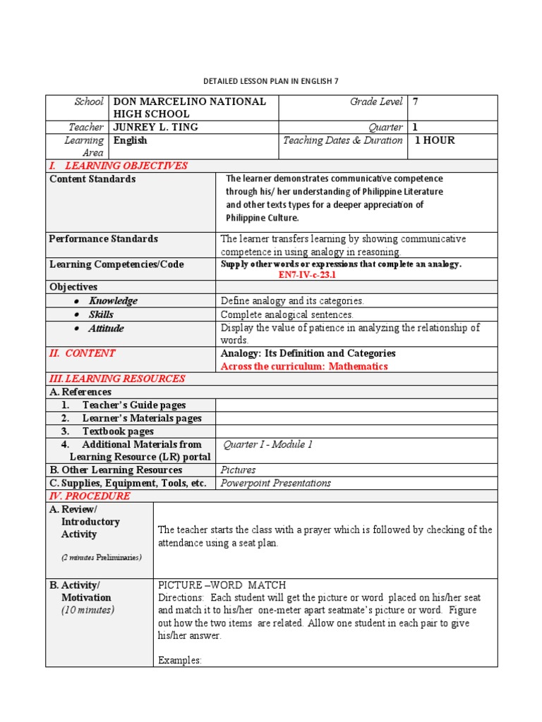 DLP COT Q1 Eng7 Module 1 1 | PDF | Learning | Analogy