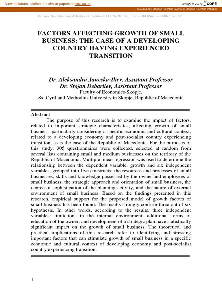 Factors Affecting Growth of Small Business: The Case of A Developing ...