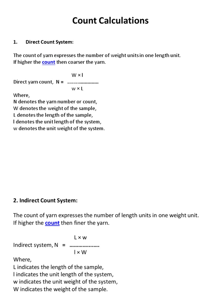 Count Calculations | PDF | Pound (Mass) | Yarn