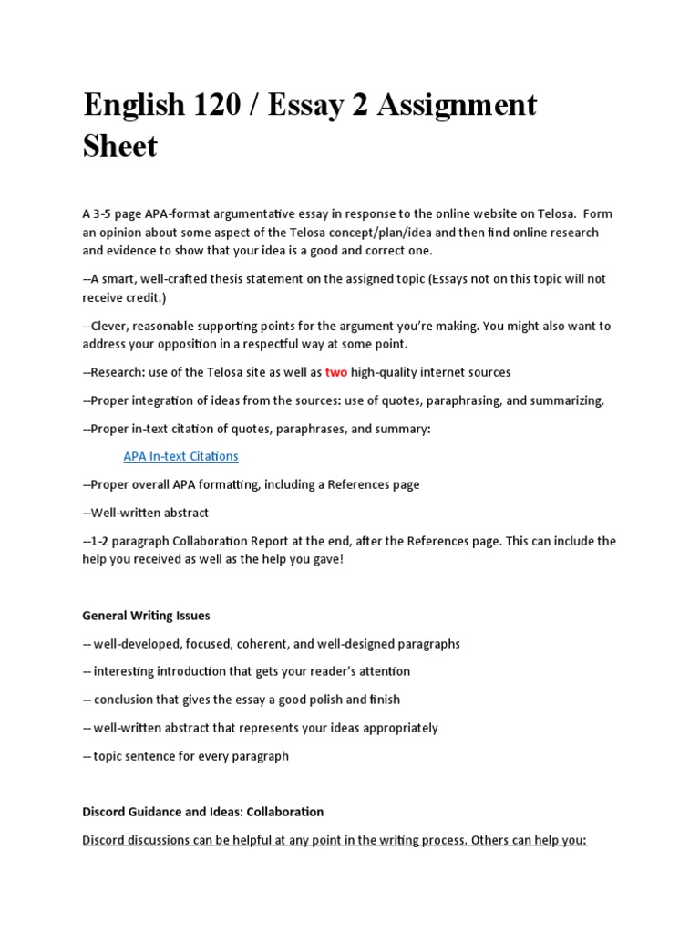 English 120 / Essay 2 Assignment Sheet: APA In-Text Citations | PDF