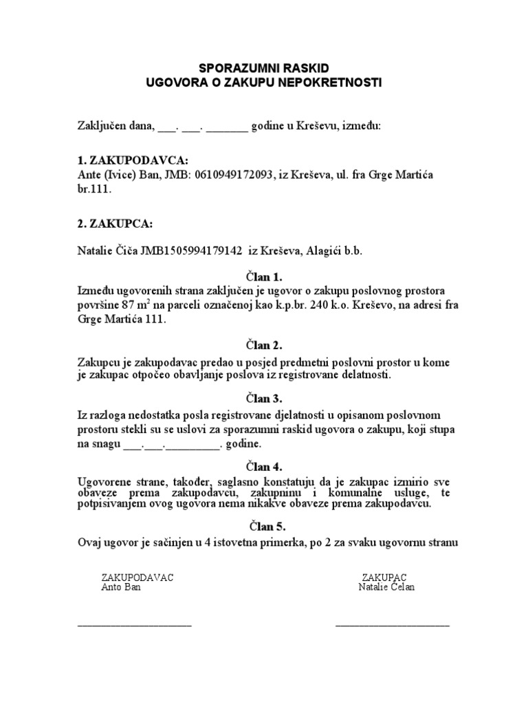 Raskid Ugovora o Zakupu Nepokretnosti | PDF
