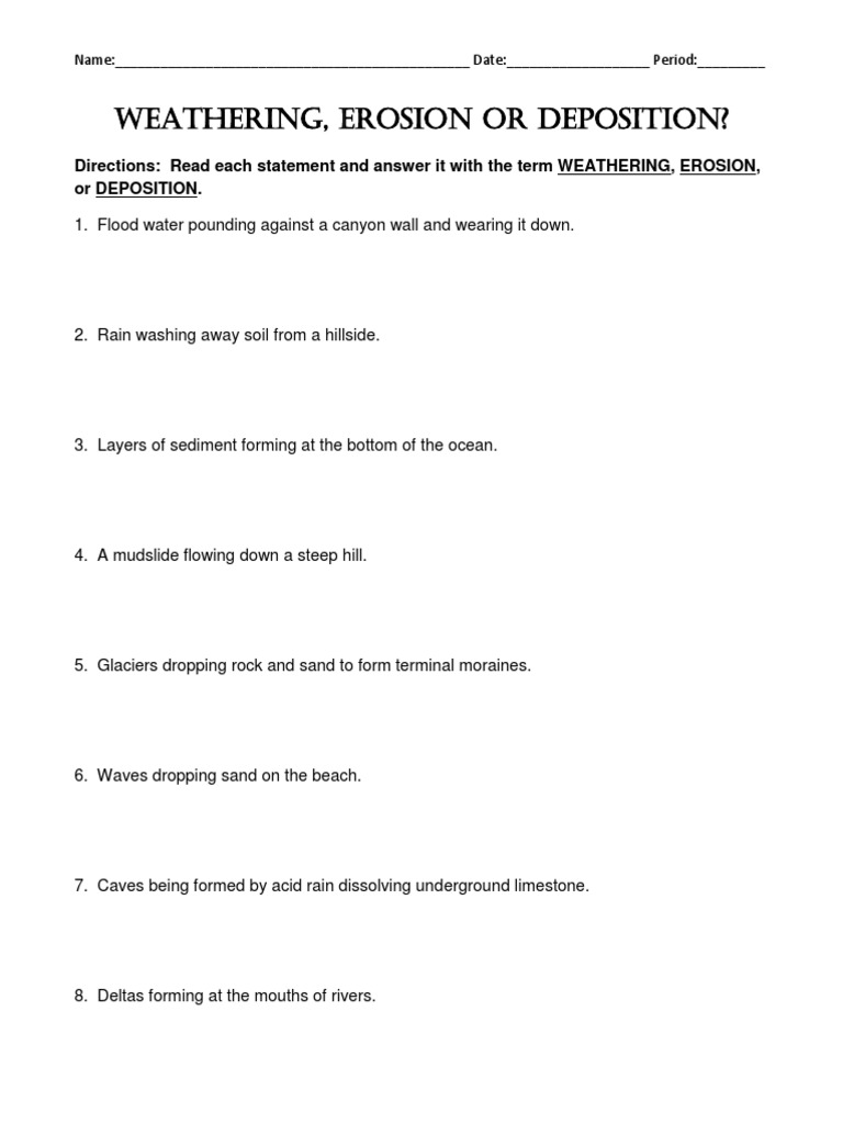 Weathering Erosion or Deposition Worksheet | PDF