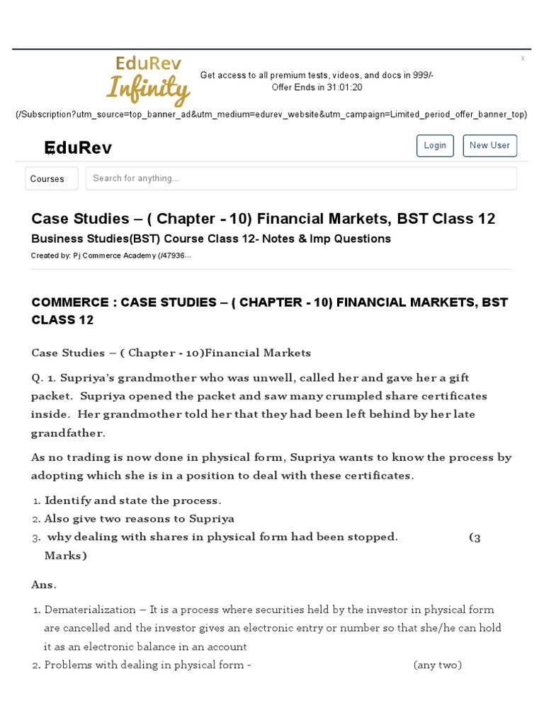 Edurev: Case Studies - (Chapter - 10) Financial Markets, BST Class 12 | PDF | Stocks ...