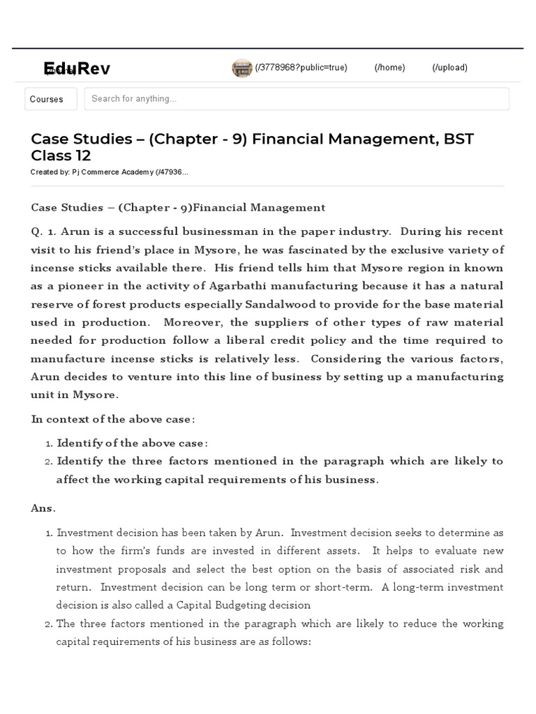 Edurev: Case Studies - (Chapter - 9) Financial Management, BST Class 12 | PDF | Dividend | Debt