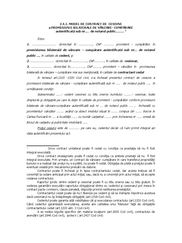 Model Contract Cesiune Promisiune Bilaterala de Vanzare Cumparare.2011.ncc | PDF