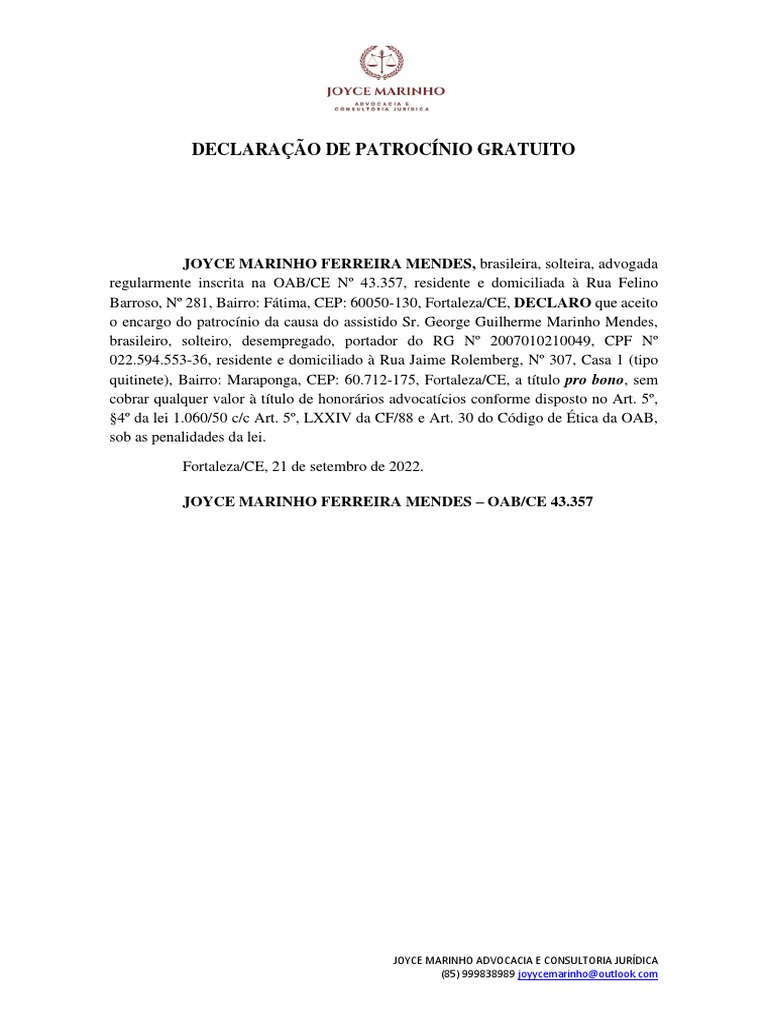 Declaração de Patrocínio Gratuito | PDF Declaração de Patrocínio Gratuito | PDF