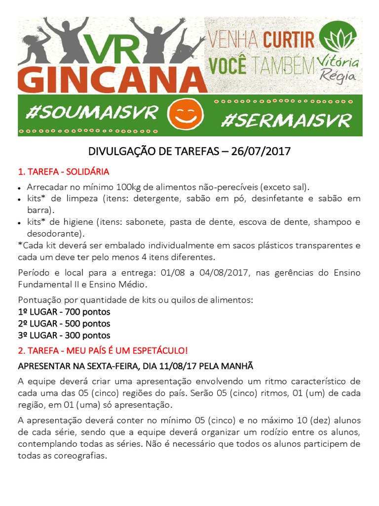 1 Tarefa Gincana Estudantil 2017 | PDF