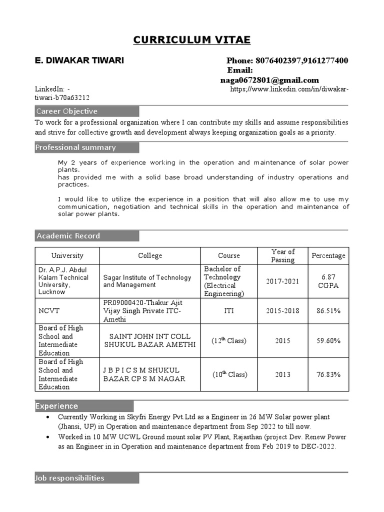 E. Diwakar Resume | PDF | Electrical Substation | Solar Power