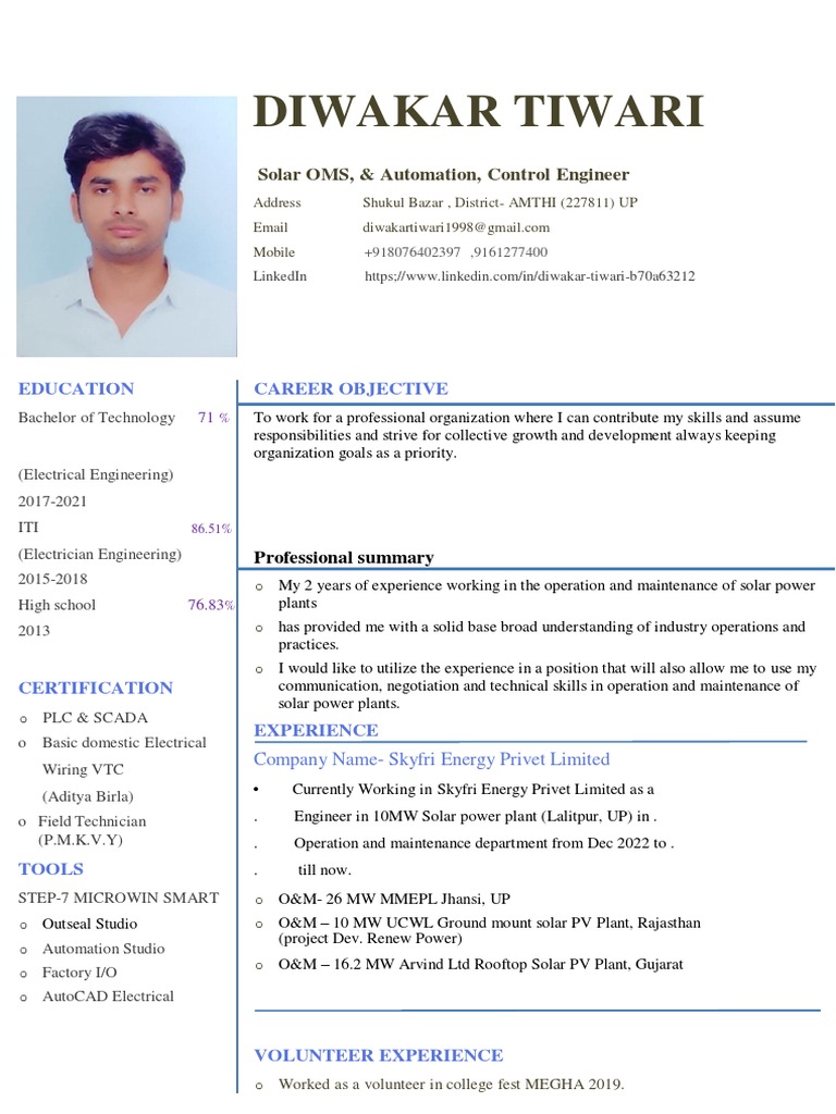 Diwakar Tiwari: Solar OMS, & Automation, Control Engineer | PDF | Automation | Solar Power