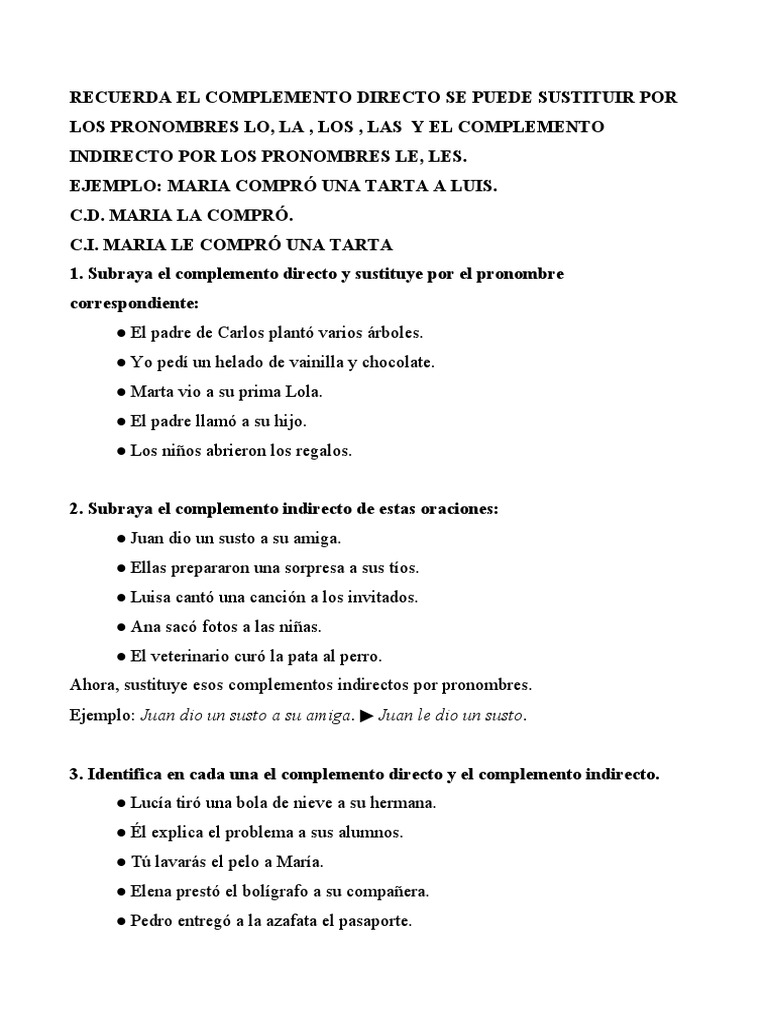 Ejercicios de Complemento Directo e Indirecto | PDF Ejercicios de Complemento Directo e Indirecto | PDF