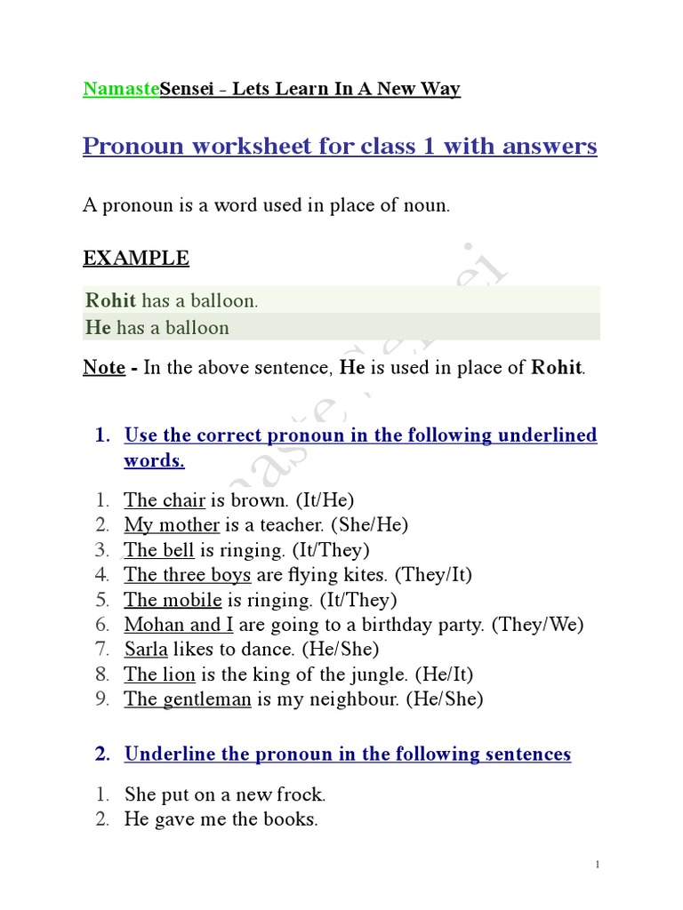Pronoun Worksheet for Class 1 | PDF | Morphology | Languages