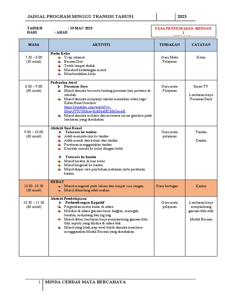Jadual Transisi Tahun 1 2023 | PDF