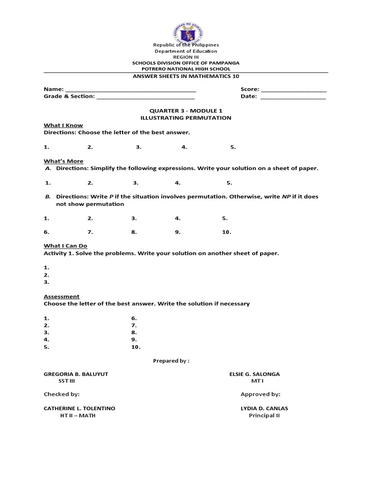 Quarter 3 Module 1 Answer Sheet Illustrating Permutation In Mathematics 10 Pdf