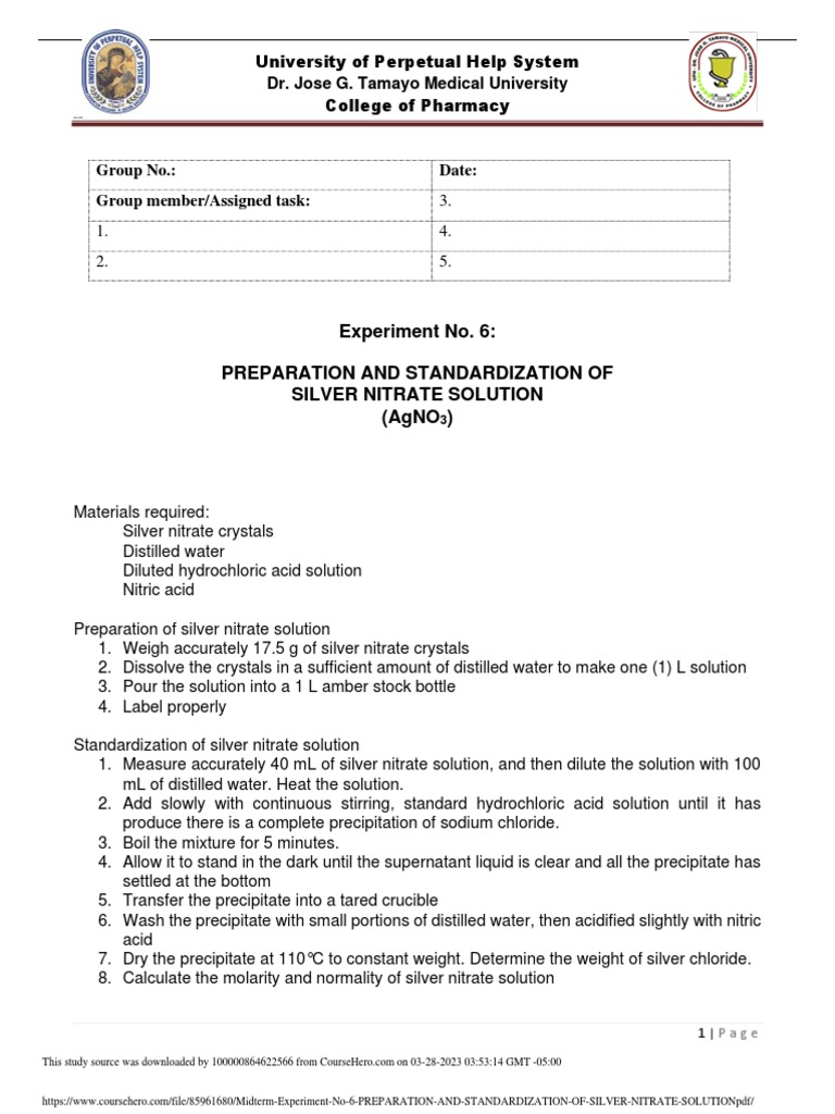 Experiment No. 6: Preparation and Standardization of Silver Nitrate ...