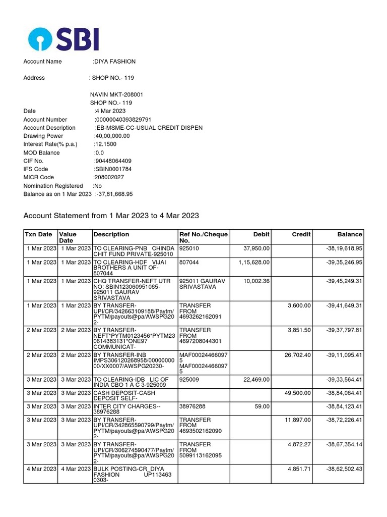 Account Statement From 1 Mar 2023 To 4 Mar 2023: TXN Date Value Date Description Ref No./Cheque ...