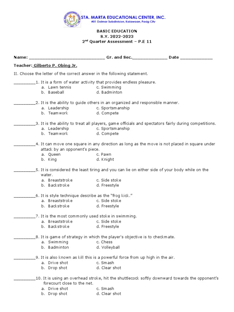 TOS P.E 11 - 2nd Quarter | PDF | Entertainment | Individual Sports
