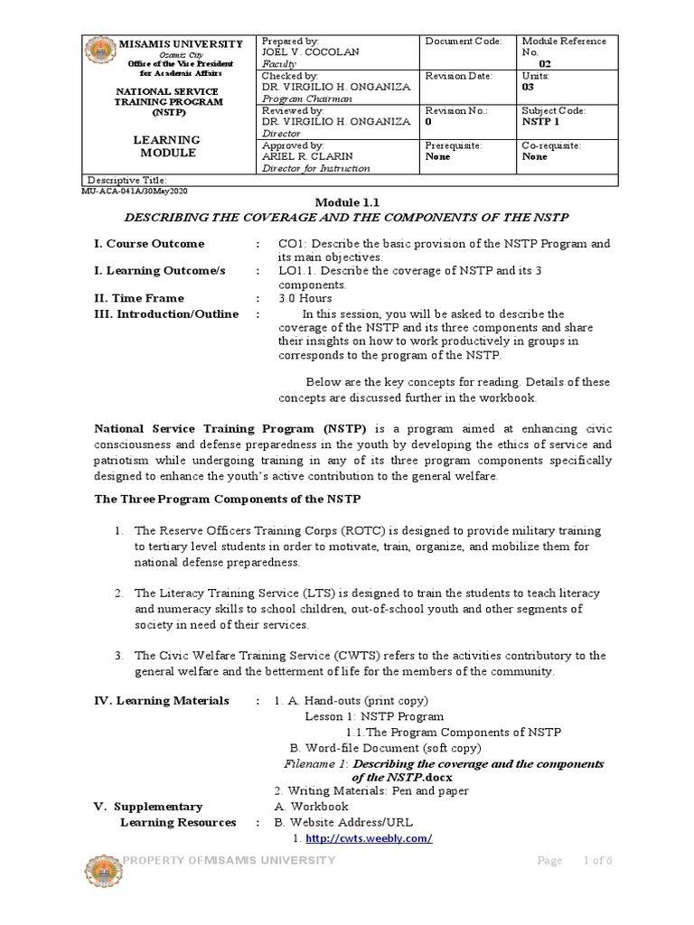 Describing The Coverage and The Components of The NSTP: Learning | PDF ...