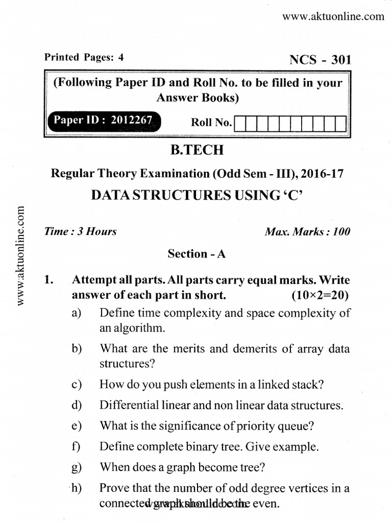 Data Structure Question Paper 2017 | PDF | Algorithms And Data Structures | Theoretical Computer ...
