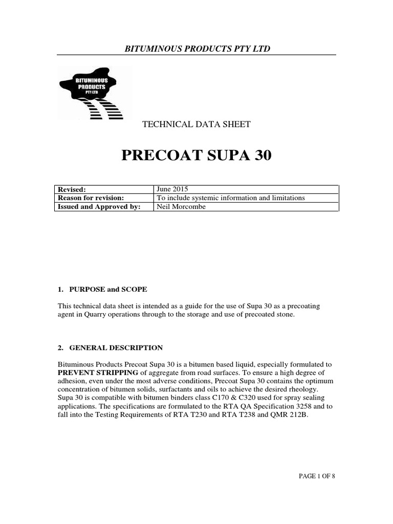 Precoat Supa 30: Bituminous Products Pty LTD | PDF | Asphalt | Volume