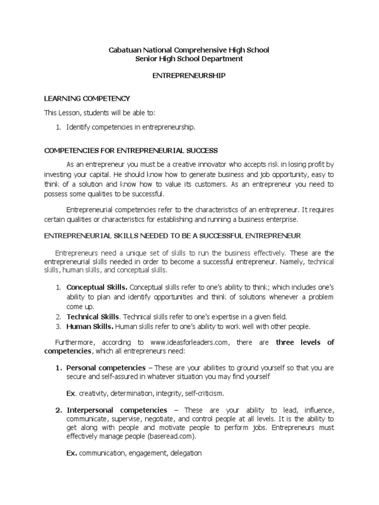 Handout Entrep Competencies Students | PDF | Entrepreneurship ...