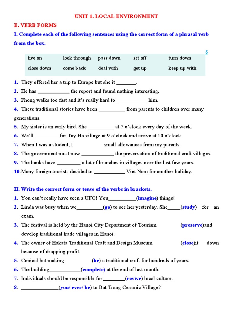 Bài tập thực hành anh 9 thí điểm (từ vựng, ngữ pháp, bài tập) VERB FORMS E9 (UNIT 1-6) N | PDF ...