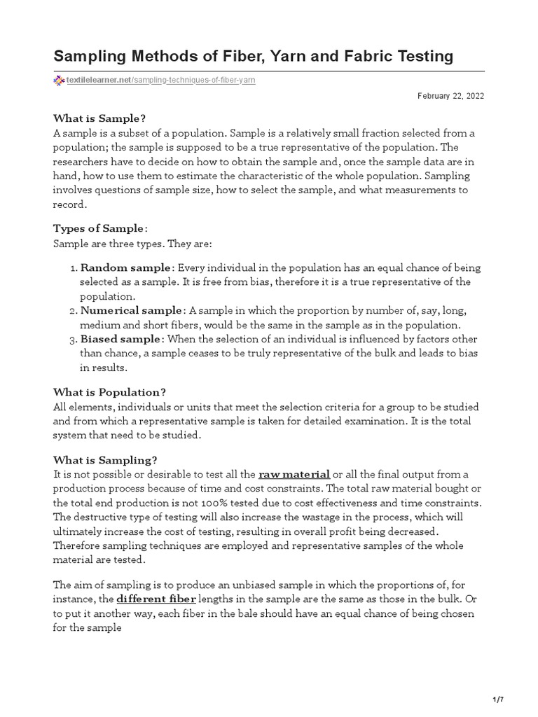 Sampling Methods of Fiber Yarn and Fabric Testing | PDF