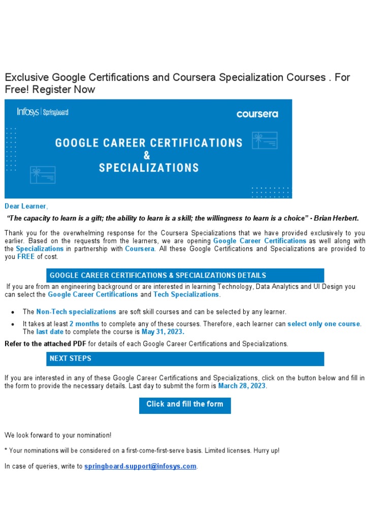 Google Certifications and Coursera Specialization Courses by Infosys | Download Free PDF | 3 D ...