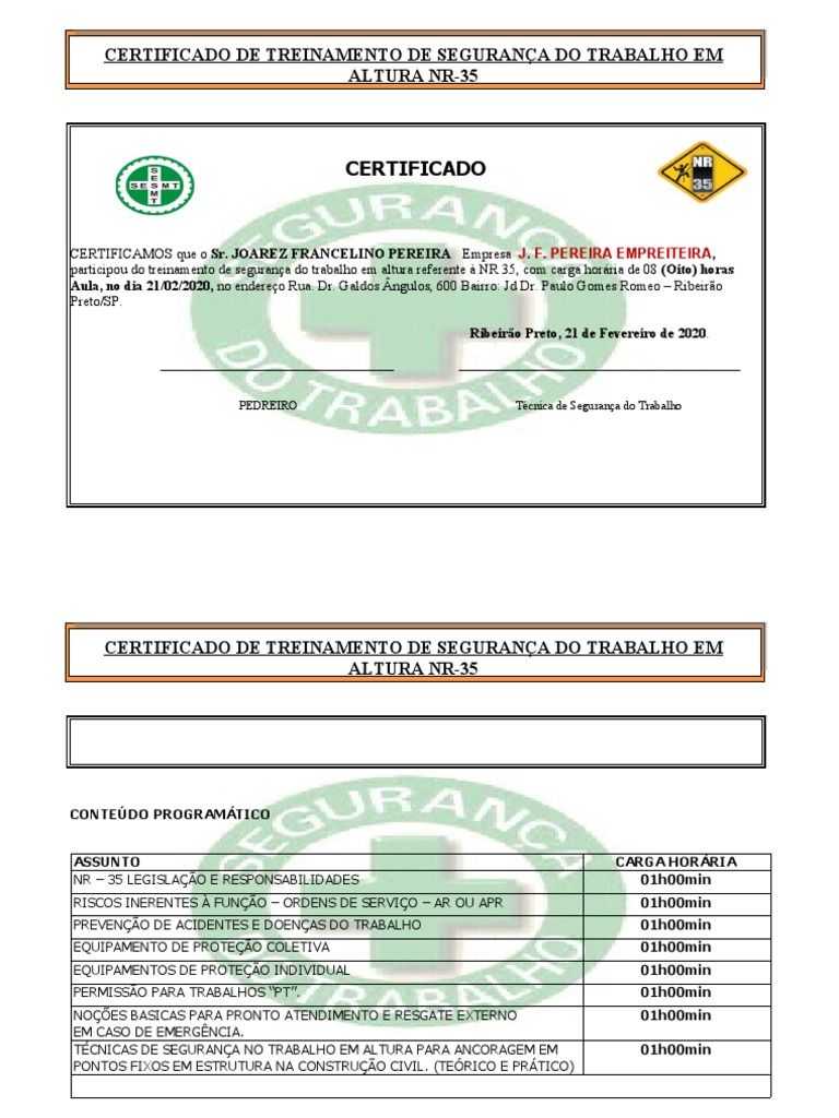Certificado NR-35 | PDF