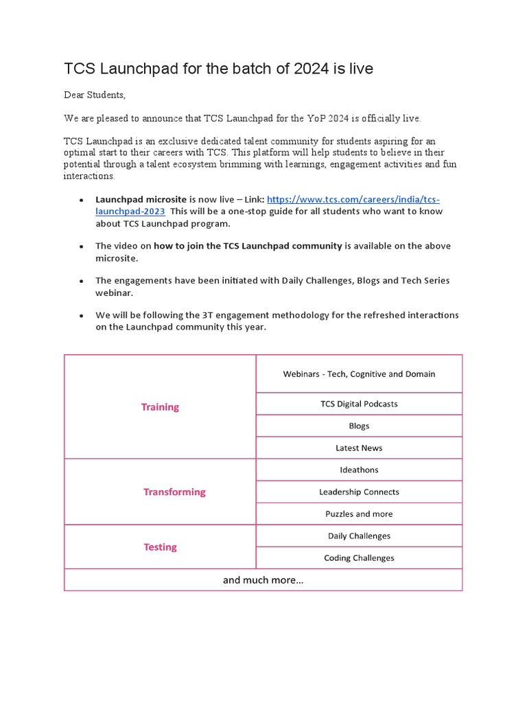 TCS Launchpad-2024 YP Is Live. | PDF