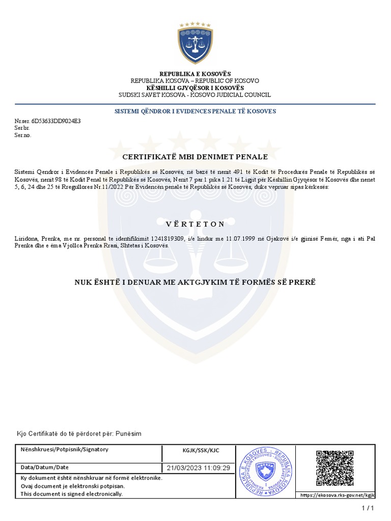 Certifikatë Mbi Denimet Penale: Sistemi Qëndror I Evidences Penale Të ...