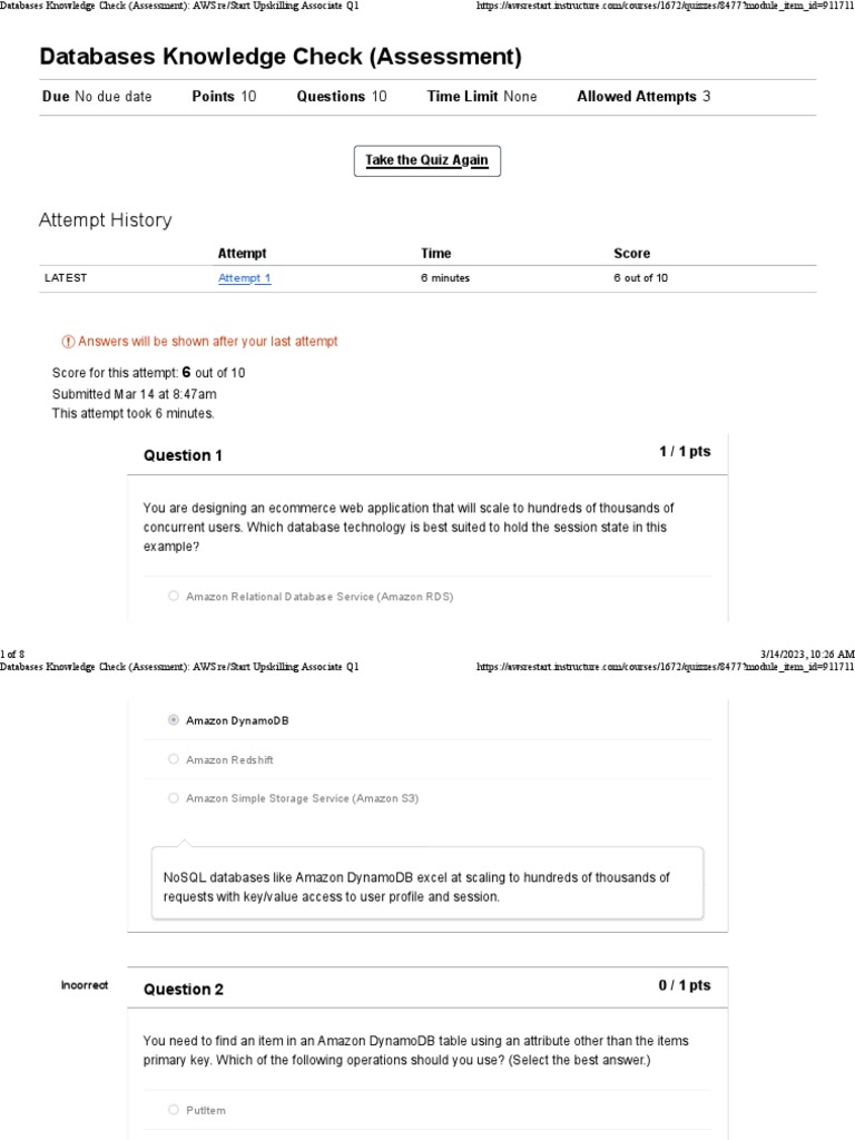 Databases Knowledge Check (Assessment) AWS Re - Start Upskilling Associate Q1 | PDF | Databases ...