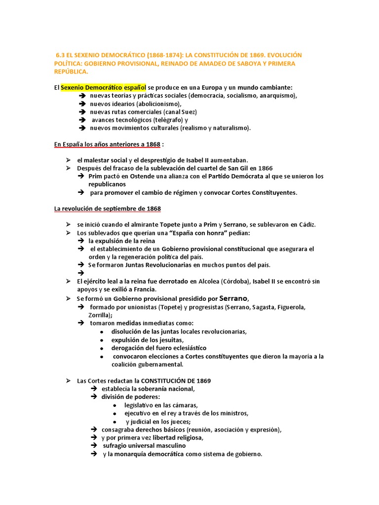6.3 El Sexenio Democrático (1868-1874) : La Constitución de 1869. Evolución Política: Gobierno ...