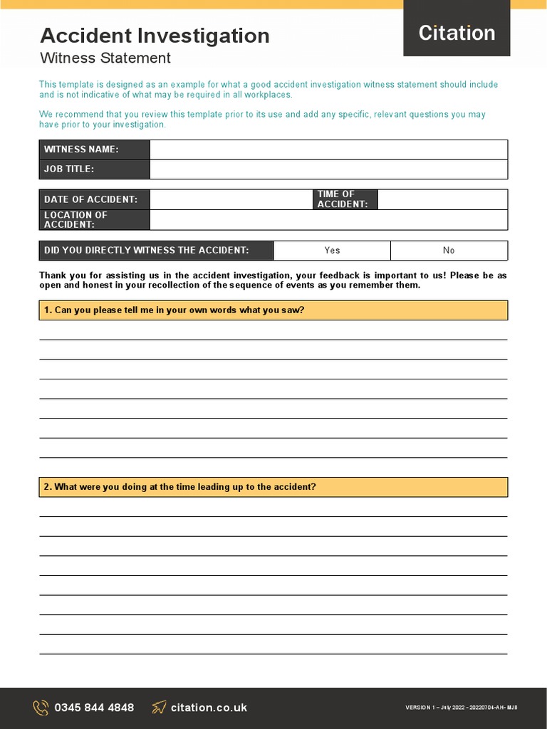 Accident Investigation - Witness Statement Template | PDF | Cognitive ...