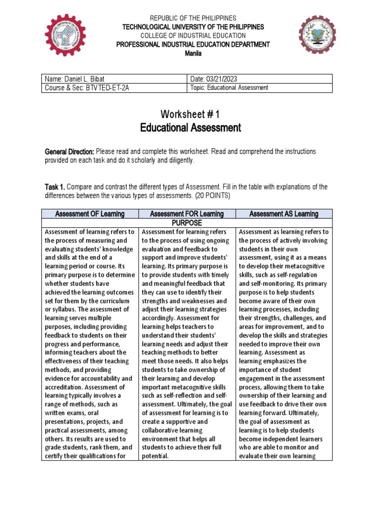 WORKSHEET 1 - Educational Assessment | PDF | Educational Assessment | Evaluation
