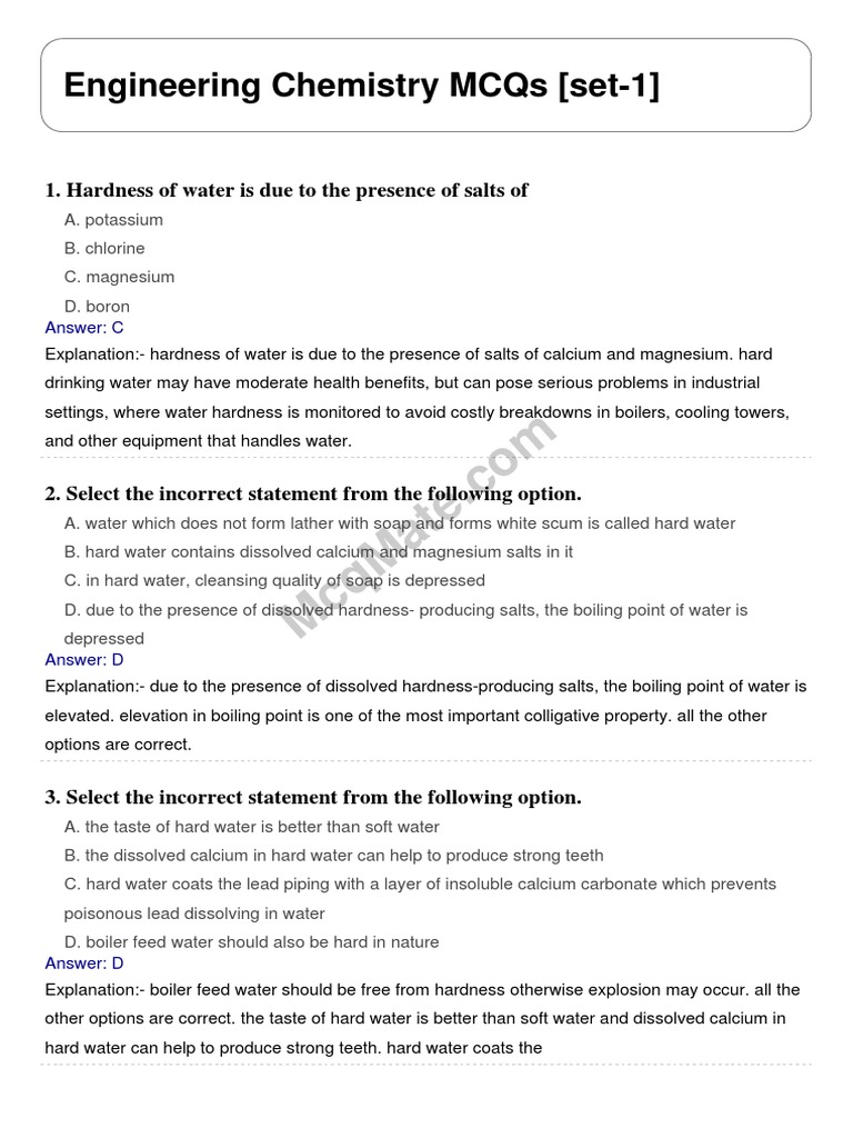 Engineering Chemistry Solved MCQs (Set-1) | PDF | Water | Atoms Engineering Chemistry Solved MCQs (Set-1) | PDF | Water | Atoms