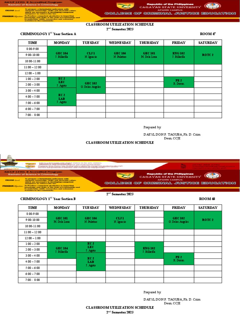 Classroom Utilization Schedule 2 Semester 2023 Criminology 1 Year ...