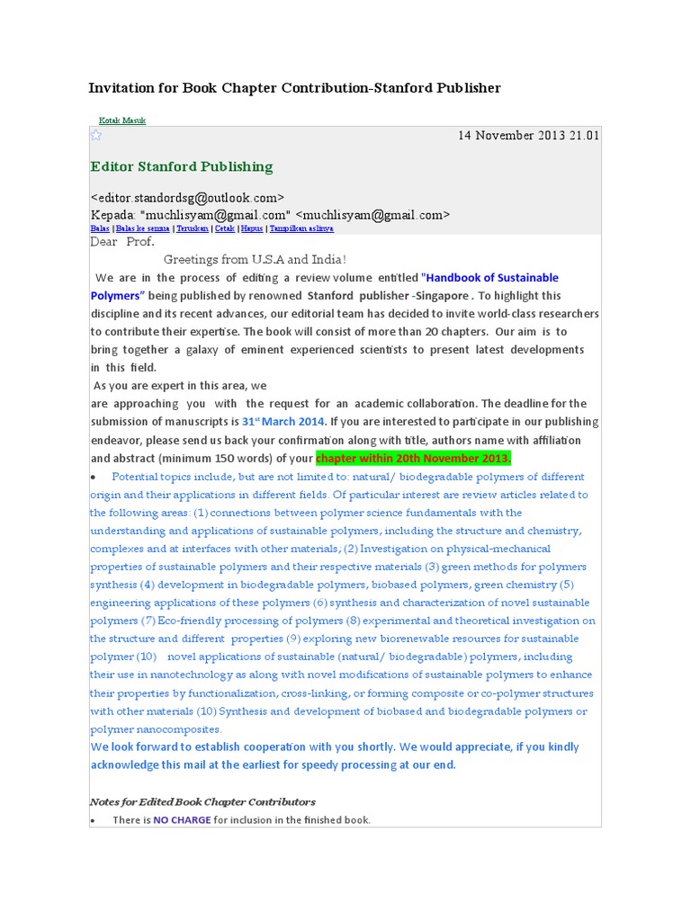 Invitation For Book Chapter Contribution | PDF | Polymers | Science