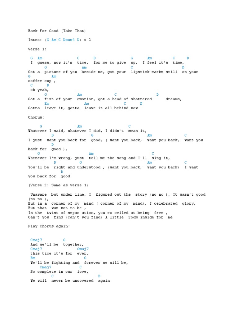 Back For Good (Take That With Chords) | PDF