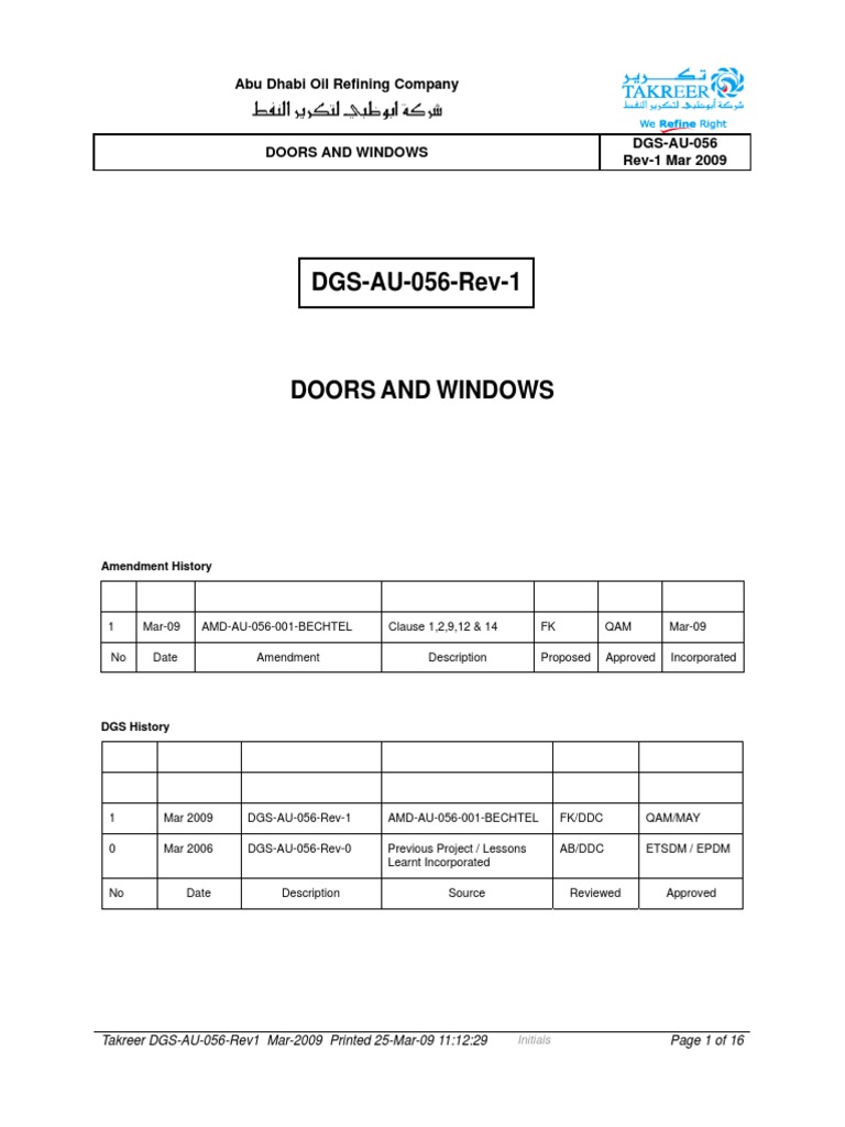 Requirements for Doors, Windows, and Related Hardware for Abu Dhabi Oil ...